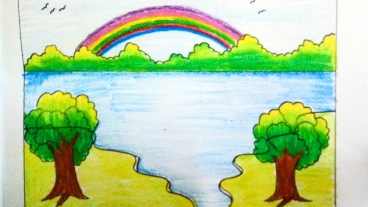 how to draw a beautiful Landscape wirh rainbow very easy step by step ...