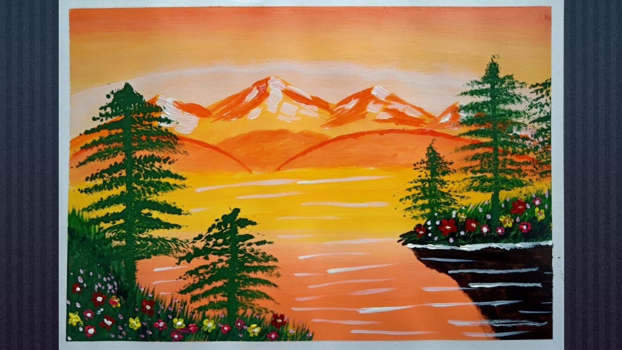 Sunset on the lake painting | simple acrylic sunset painting | Painting ...