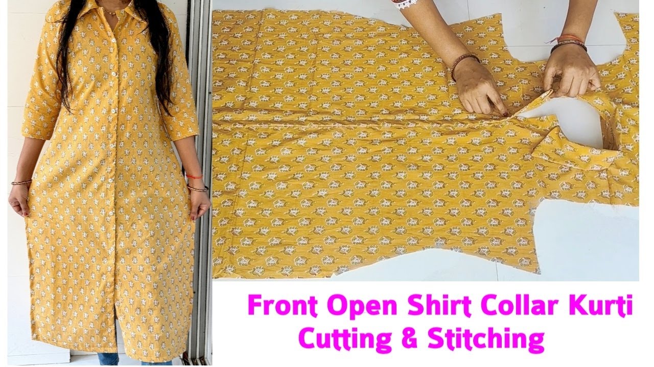 Shirt Collar Front Open Kurti cutting and stitching | Collar Neck Kurti ...