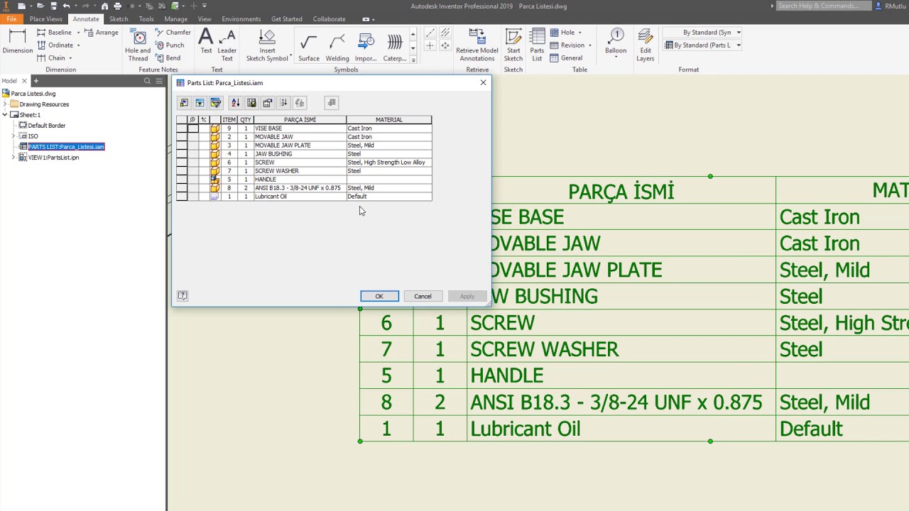 Inventor 2019 Teknik Resim Parts List - YouTube