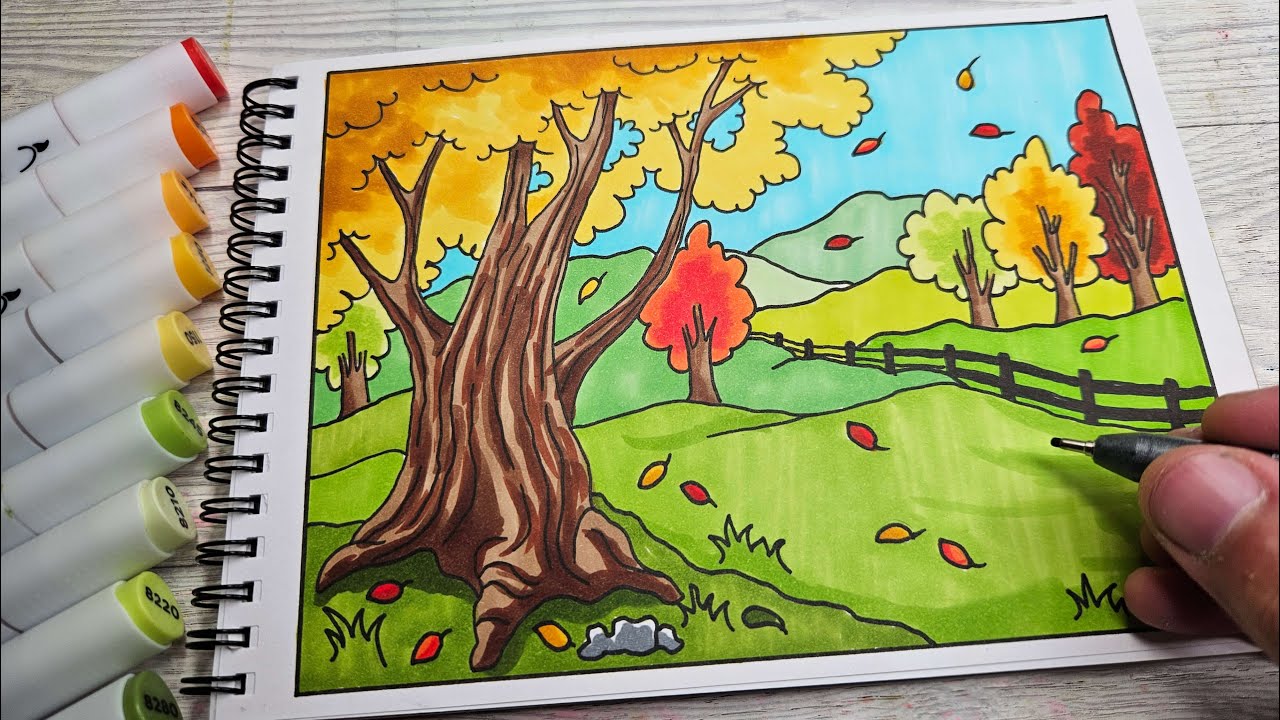Deseneaza un Peisaj de Toamna Usor in Creion si Markere 🍂 Desenam Copac ...