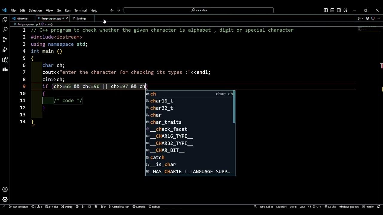 C++ program to check whether the given character is alphabet,digit or a special character || C++ ...
