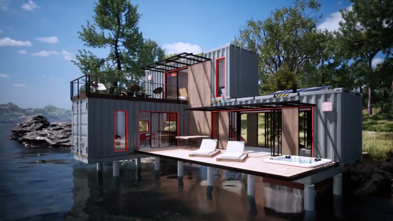 Shipping Container House 2x20 & 1x40 ft on the river - YouTube