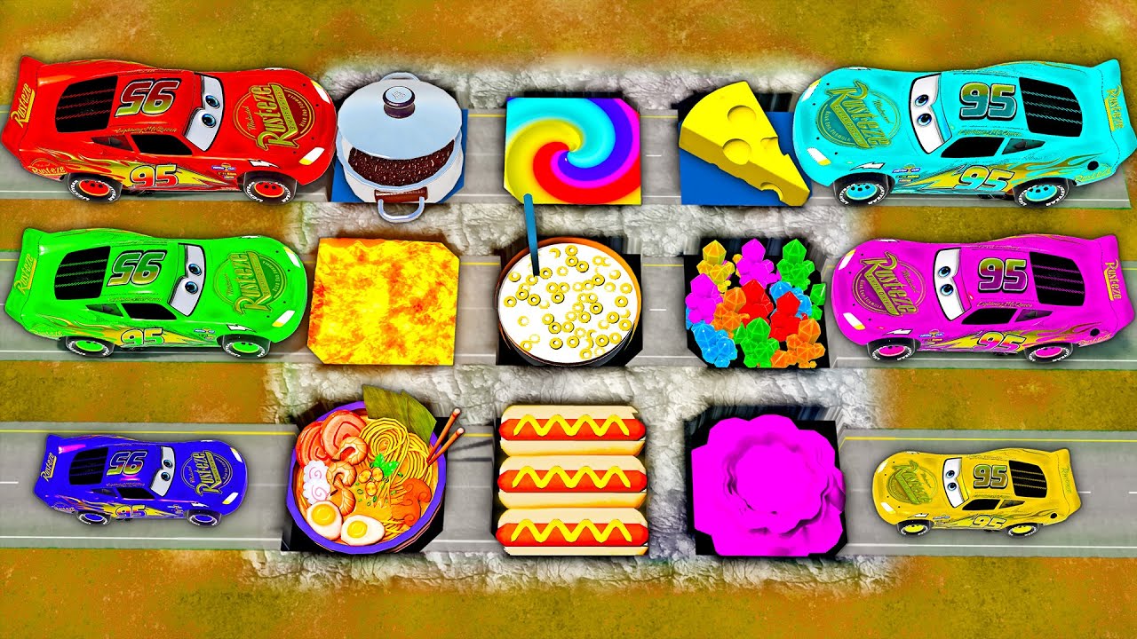 Mega Ramen & Hot-Dog & Cheese & Bubble Gum Pit Vs McQueen & Pixar cars ...