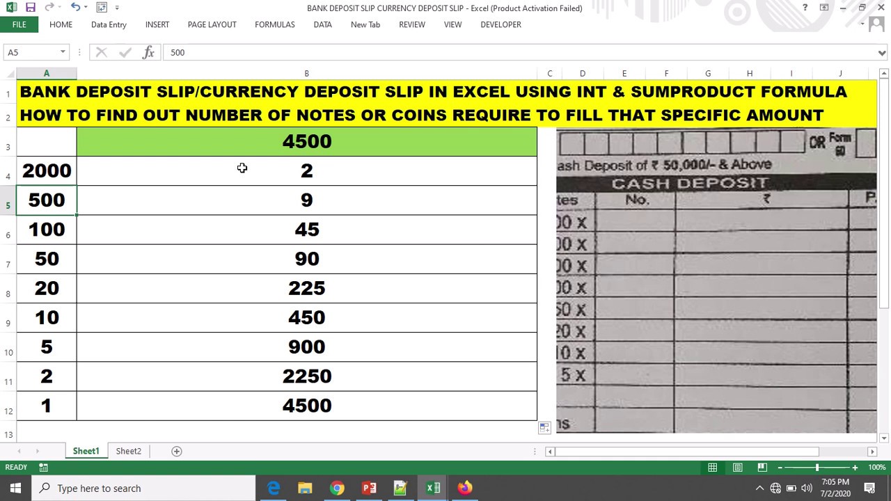 BANK DEPOSIT SLIP/CASH DEPOSIT SLIP IN EXCEL INT & SUMPRODUCT FORMULA ...