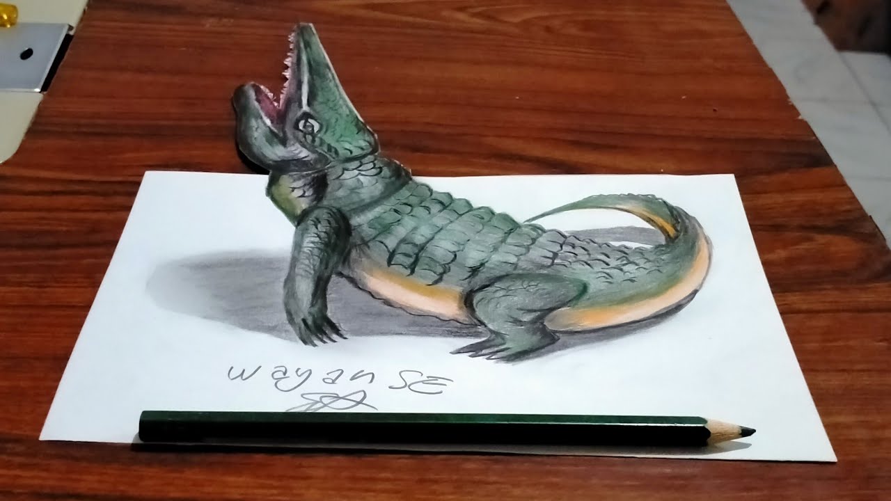 Cara gambar buaya 3d // how to draw crocodile 3D very easy - YouTube