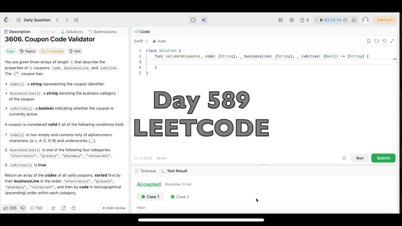 Day 589: LeetCode Problem 3606. Coupon Code Validator - Swift - YouTube