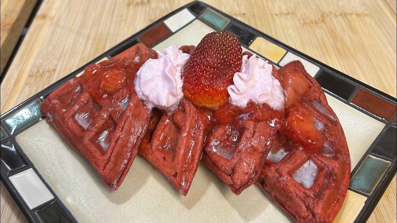 Red Velvet Waffles w/ Fresh Strawberry Topping & Vanilla Glaze - YouTube