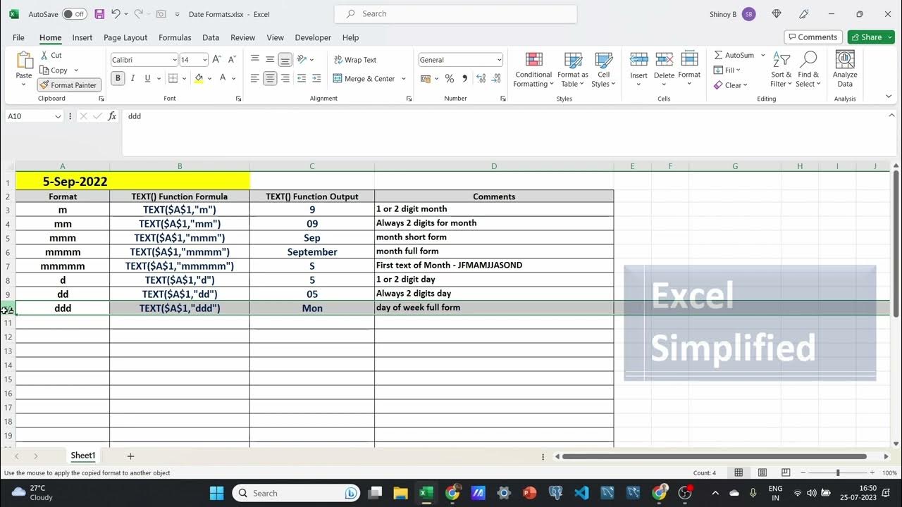 Excel Date Formats using Text Function - YouTube