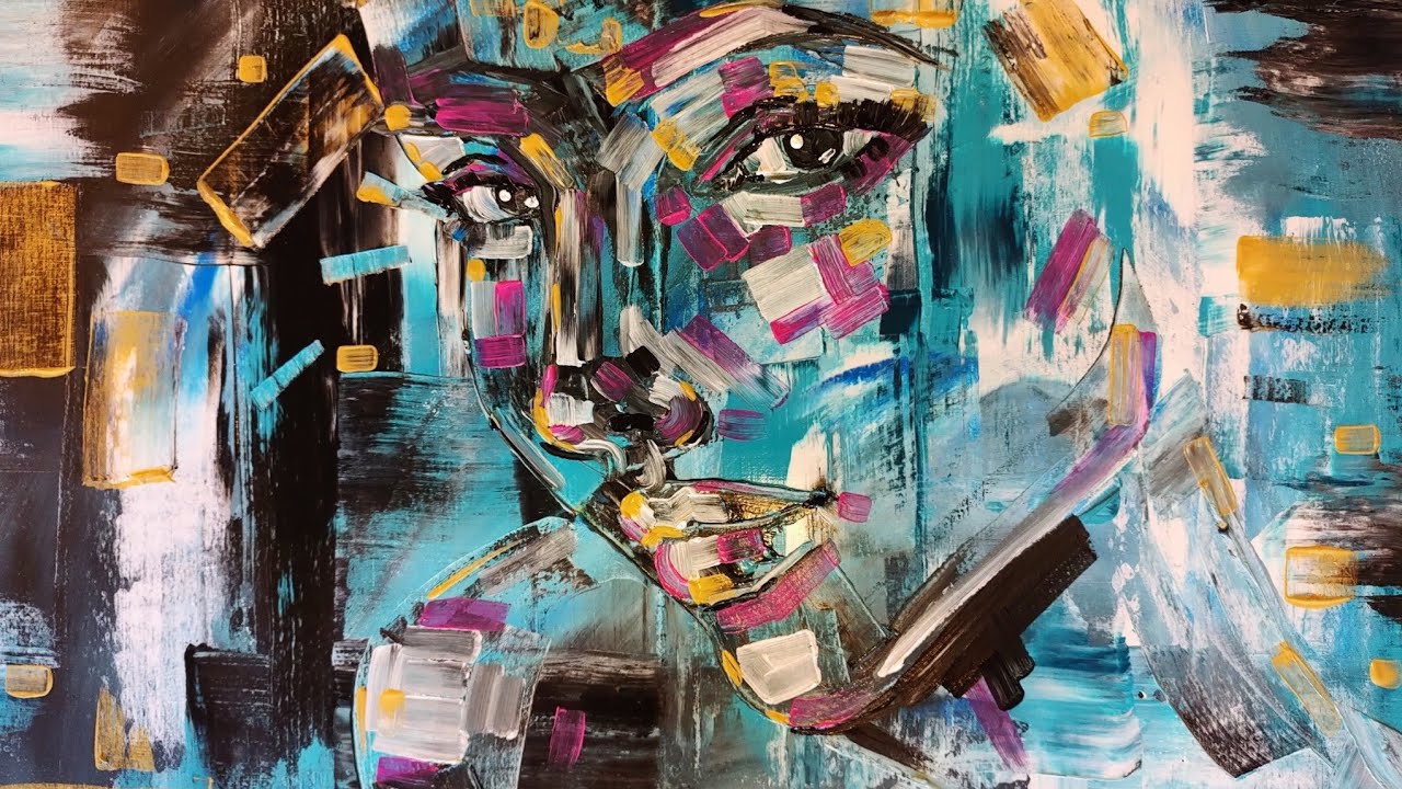 Total improv! Abstract Acrylic Portrait in real time from start to ...
