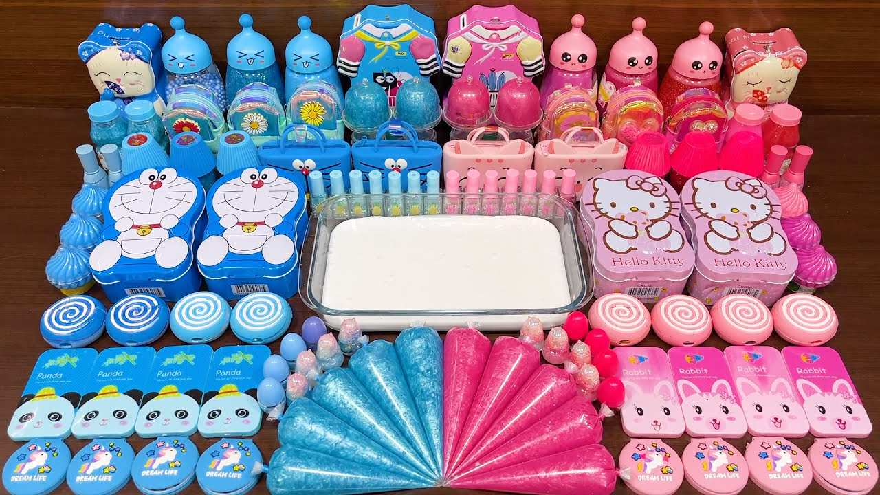 BLUE vs PINK SLIME !! Mixing Random into GLOSSY Slime ! Satisfying ...