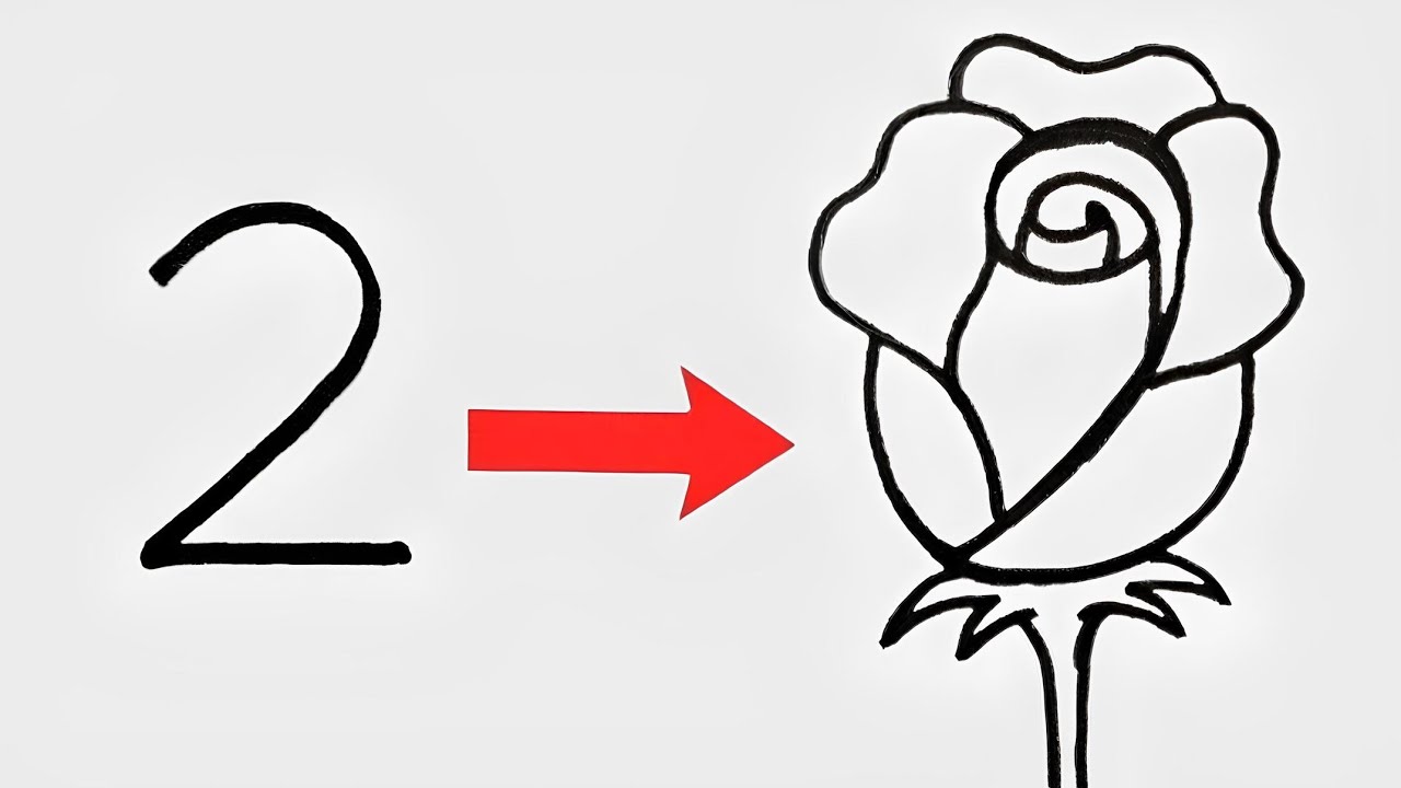 How to draw rose from number 2 | easy rose flower drawing | number ...