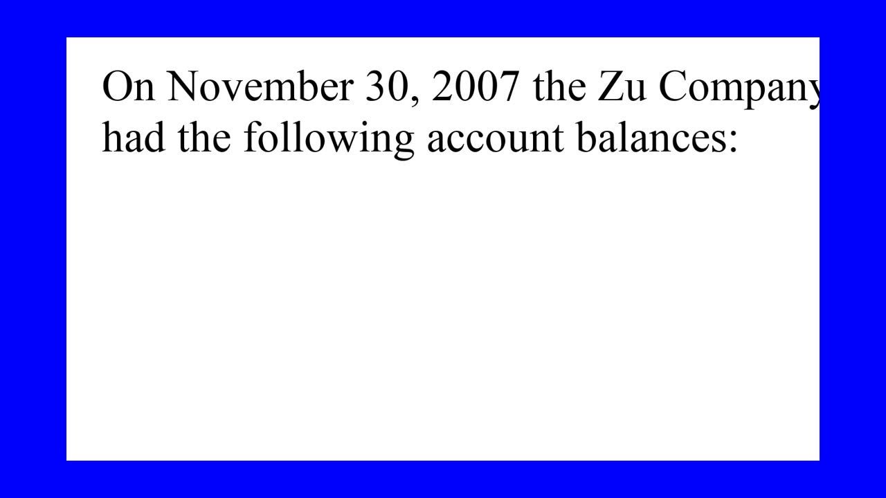 On November 30 2007 the Zu Company had the following account balances ...