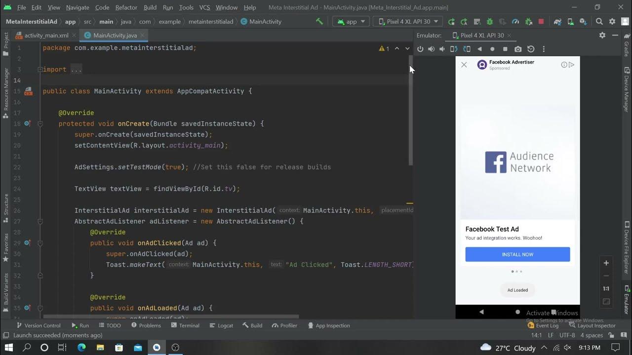 How to implement Meta (Facebook) Interstitial Ad Android Studio - YouTube