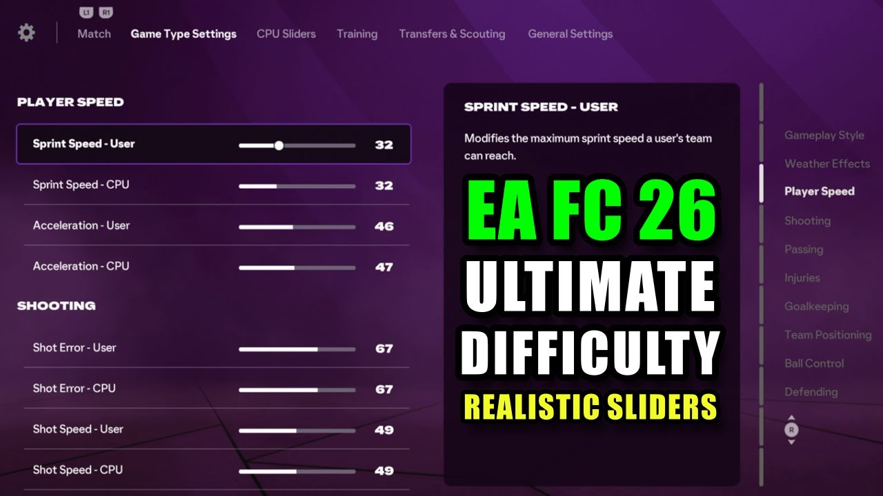 EA FC 26 Ultimate Difficulty Realistic Sliders For All Matches - YouTube