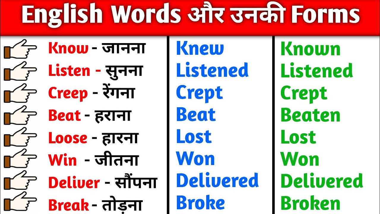 Verb forms with Hindi meaning Verb1 Verb2 Verb3 || V1 V2 V3 || Verbs ...