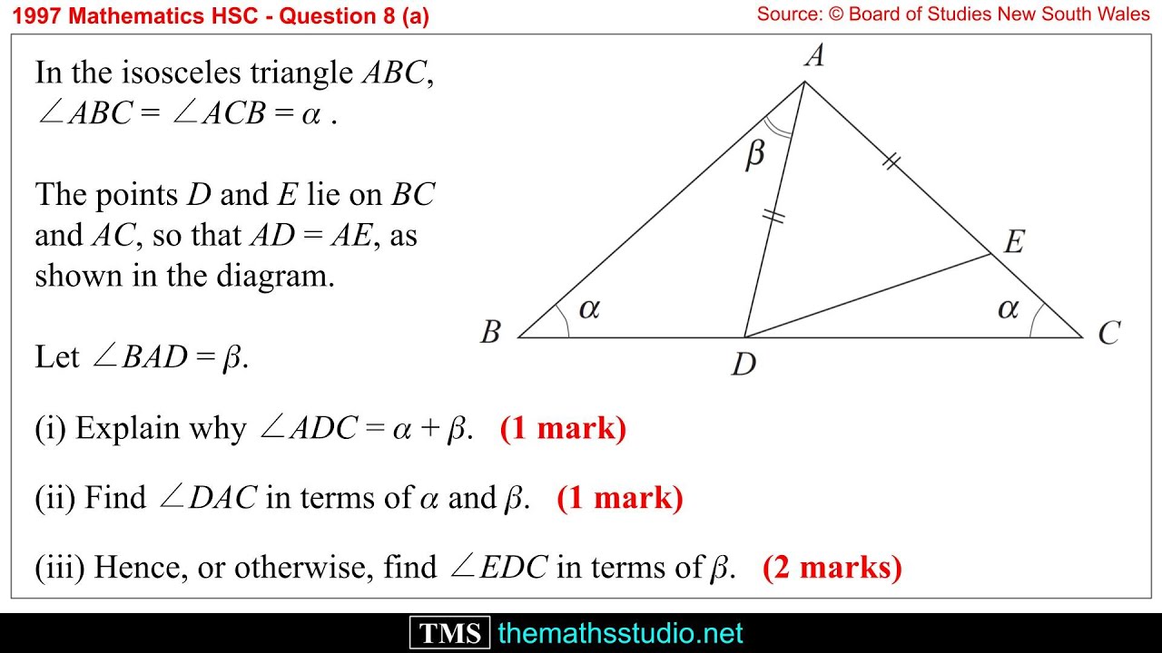 1997 Maths 2u HSC Q8a Solve abstract geometry proof problem using angle ...