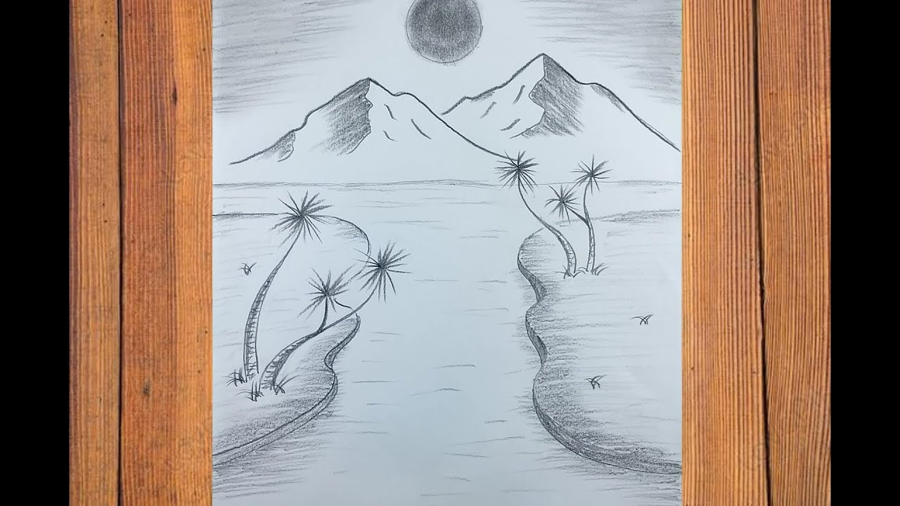 How To Draw A Lake And Mountains - DRAWING SIMPLE PENCIL - YouTube