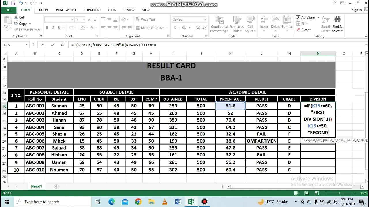 Making Result Card Using MS Excel (Part 2) - YouTube