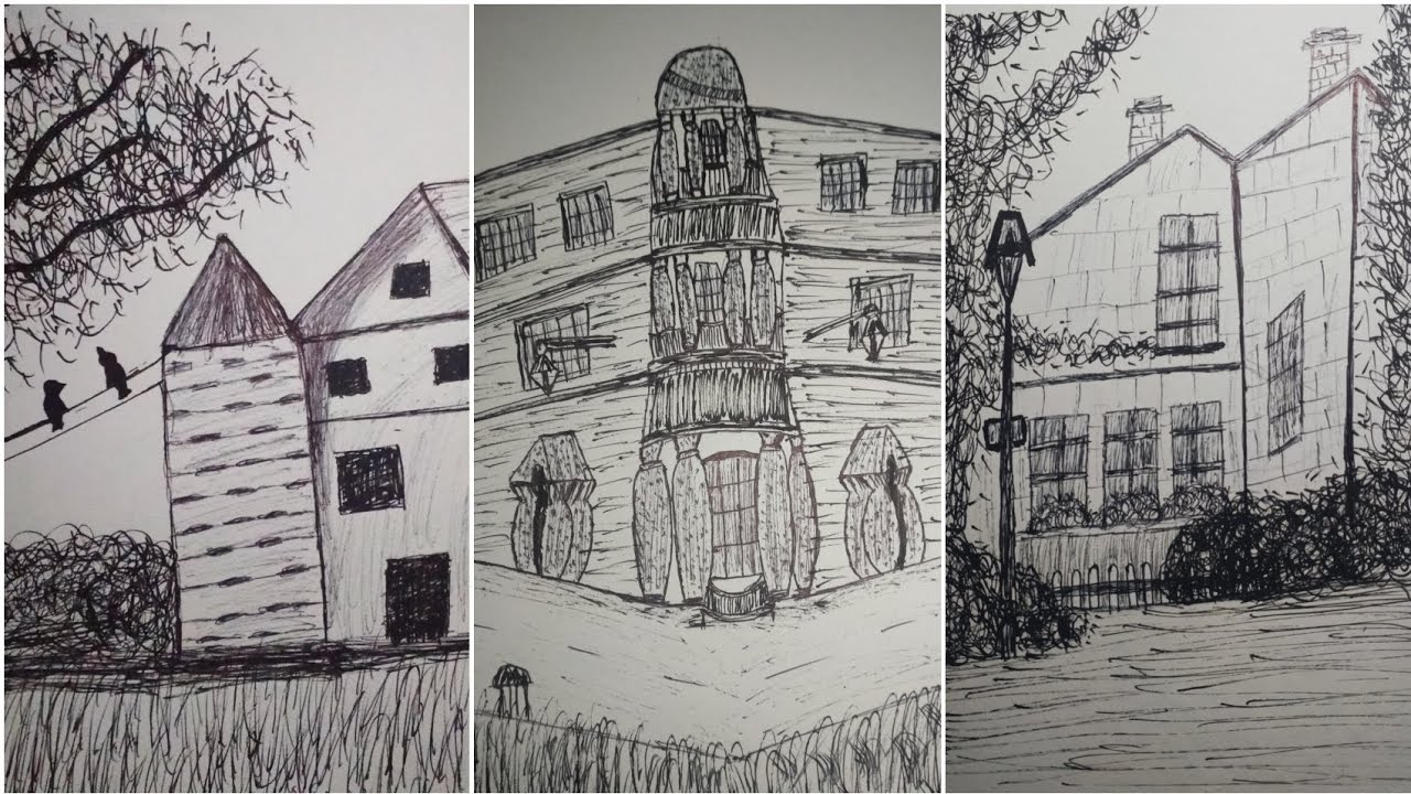 Tiny sketching || Old house sketch || tiny art || drawing || Black pen ...