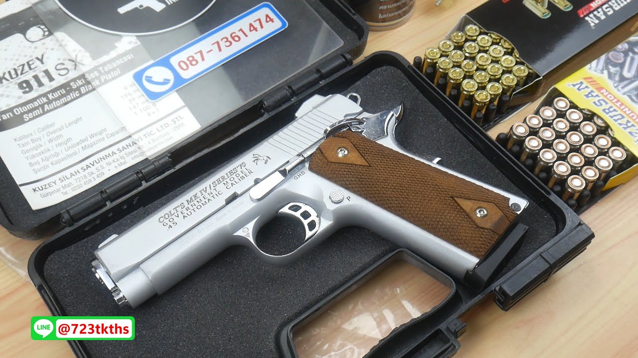รีวิวแบลงค์กัน KUZEY M1911 COLT MK IV SR70 สีเงินด้าน 4 นิ้ว ด้ามไม้ ...