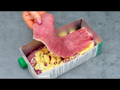 A dinner made of pork, without a baking tray. Don’t throw away the milk box!