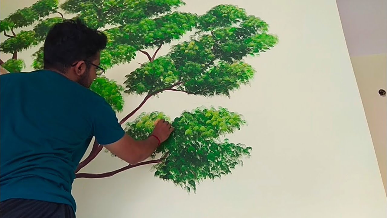 How To Make Beautiful Tree wall painting - YouTube