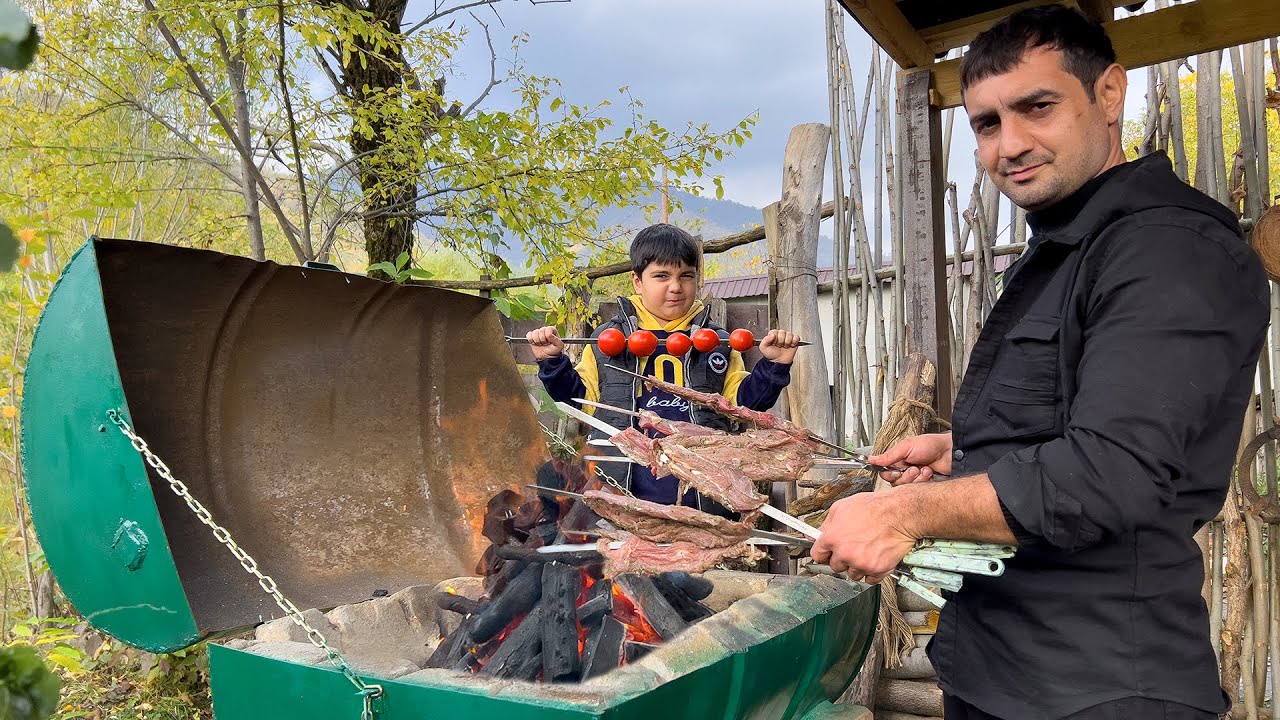 THE MOST DELICIOUS COW KEBAB BASDIRMA! OUTDOOR COOKING IN VILLAGE - YouTube