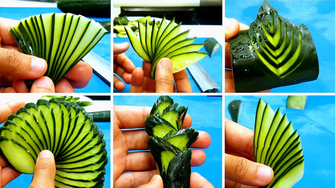 Easy cucumber garnish for sushi decoration II cucumber decoration - YouTube
