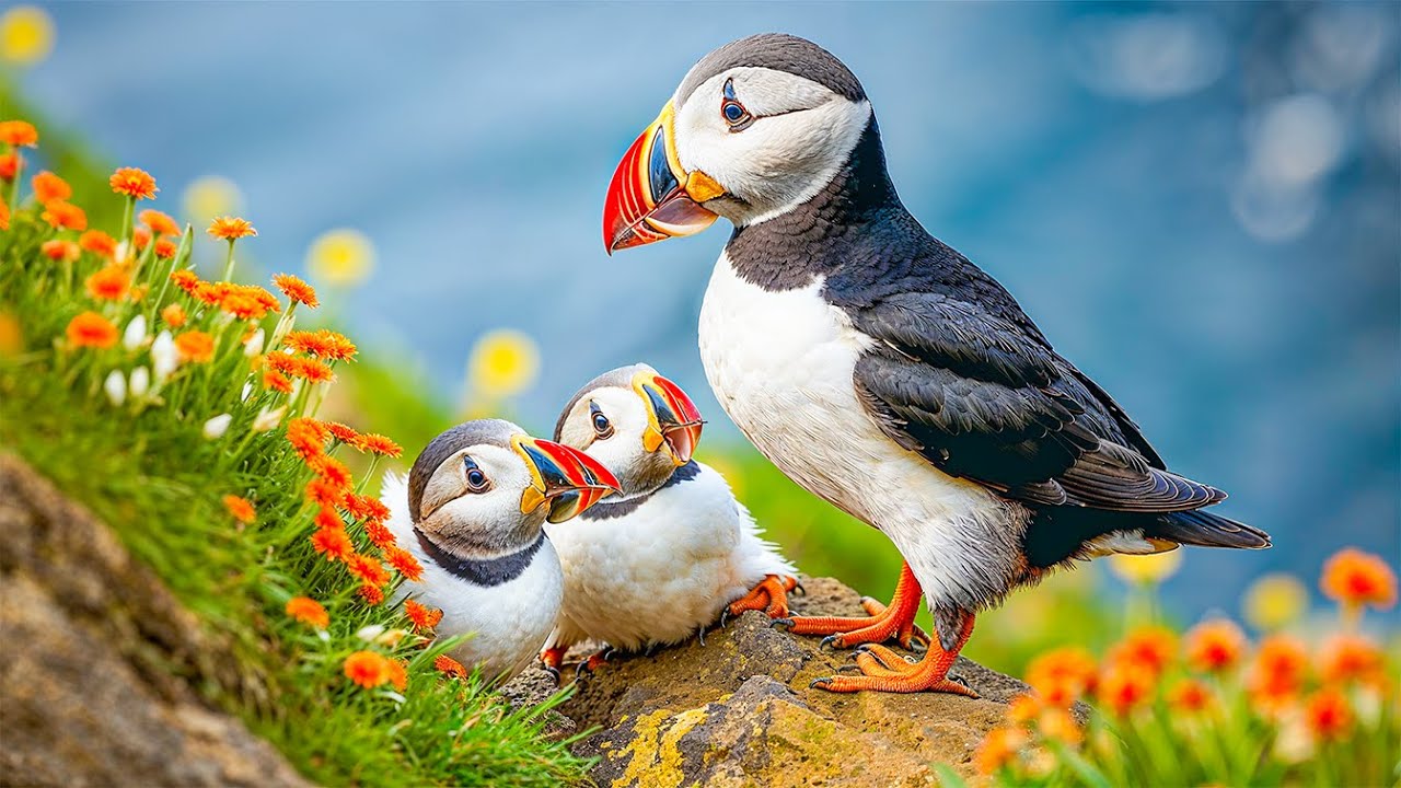 Atlantic puffins | Birds in the beautiful red book | Relaxing bird ...