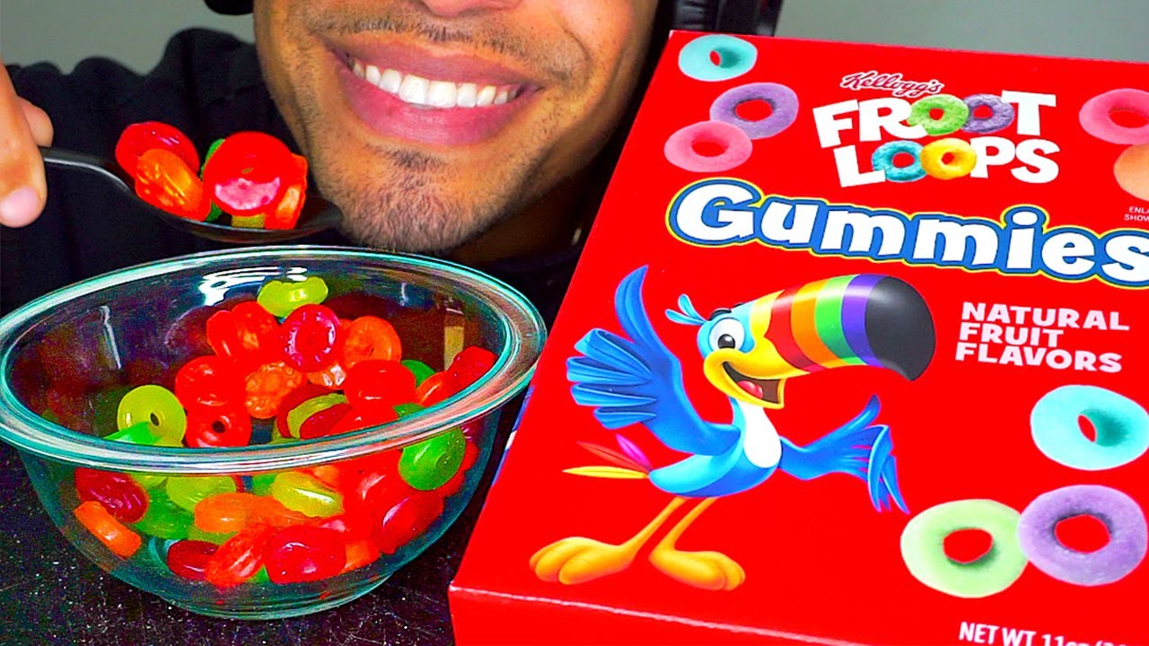 ASMR FROOT LOOPS GUMMIES CEREAL UNBOXING MUKBANG EATING SHOW SOUNDS NO ...