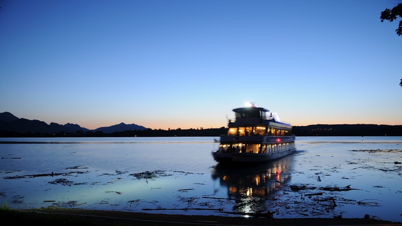 Sonnenuntergang am Forggensee mit Schiff MS Füssen – Zeitraffer vom 14. ...