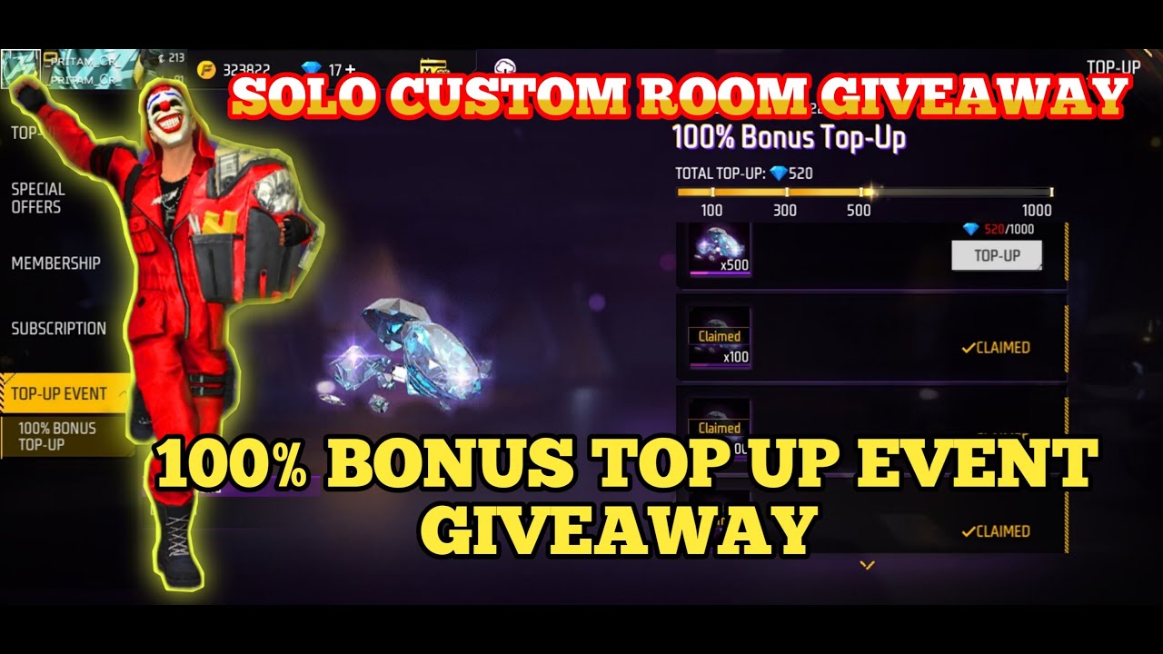 100% BONUS TOP UP EVENT GIVEAWAY! FREE FIRE MAX LIVE GIVEAWAY! SOLO ...