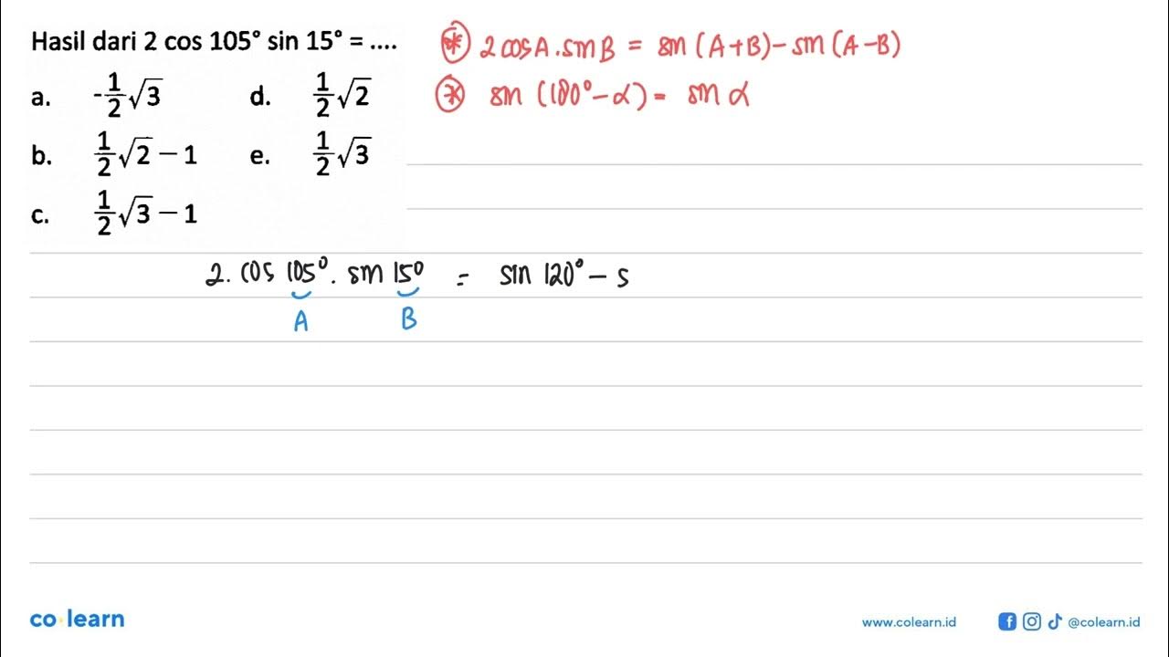 Hasil Dari 2 Cos 105 Sin 15 YouTube hasil-dari-2-cos-105-sin-15-youtube