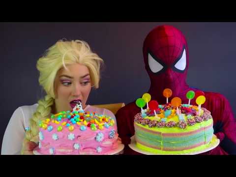Frozen Elsa BAKES A CAKE 🎂 w Spiderman Decorating Bakery Challenge Fun Superhero in real lIFE