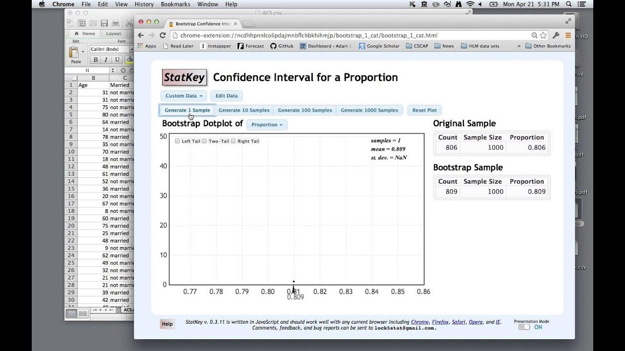 Bootstrap CI for a Proportion using StatKey - YouTube