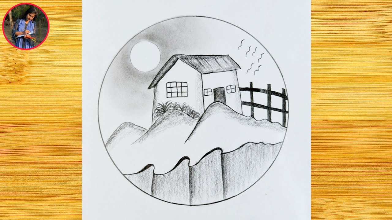 How to draw House in circle || Easy scenery drawing idea || Pencil ...