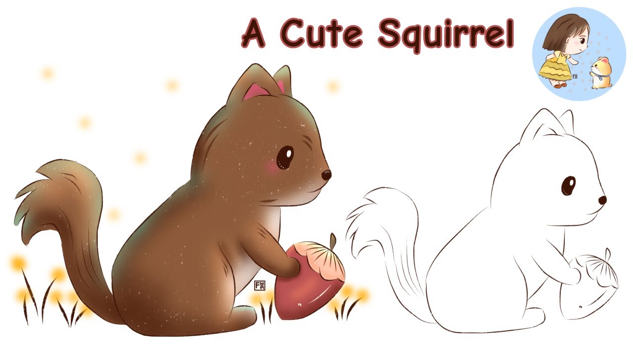 How to Draw a Cute Squirrel hunting walnut - Cara Menggambar Tupai ...