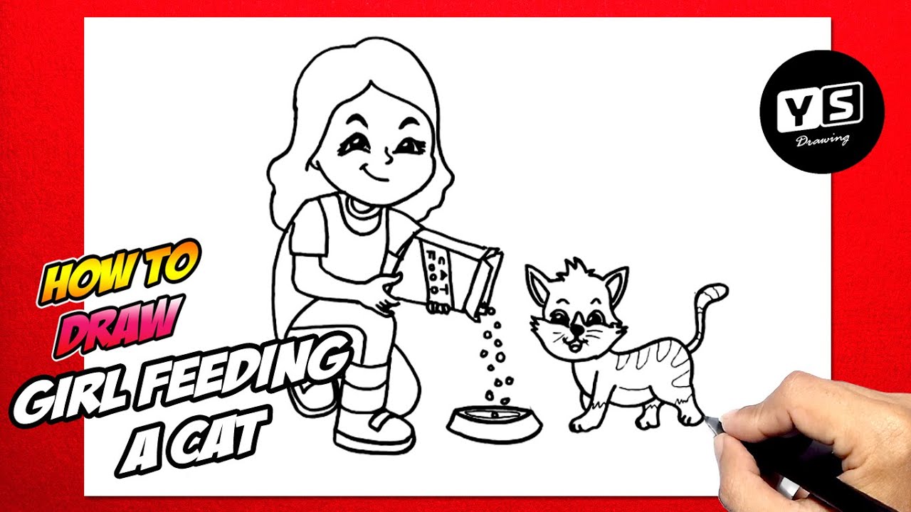 How to draw Girl Feeding a Cat - YouTube
