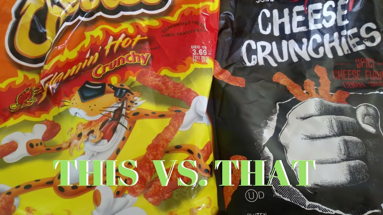 COMPARING TRADER JOES SPICY CHEESE CRUNCHIES TO HOT CHEETOS - YouTube