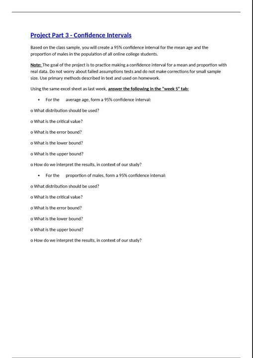 BUSI 230 Intro to Probability and Statistics Project Part 3 Confidence Intervals answered 2021 1 ...