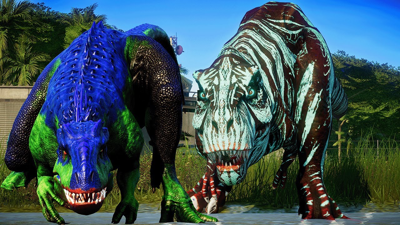 2X BLUE T REX vs 2X ZOMBIE INDOMINUS REX and Demon Spinosaurus Fighting ...