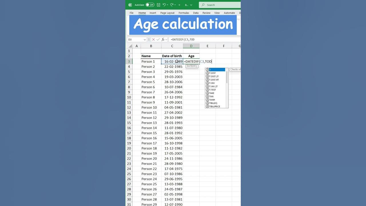 Excel Age Calculation in 5 Seconds! தமிழில் | DATEDIF Function - YouTube