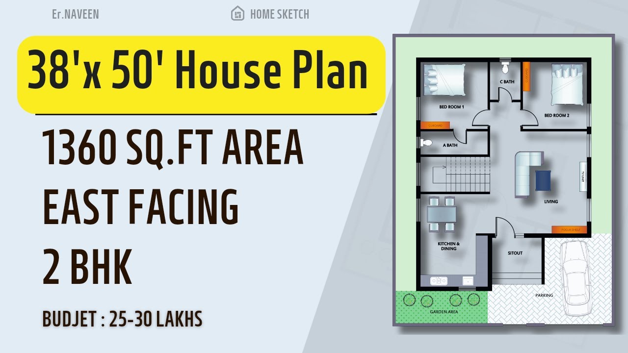 38x50 East Facing House Plan | 1360 Sqft Area | 2 BHK | Home Sketch ...