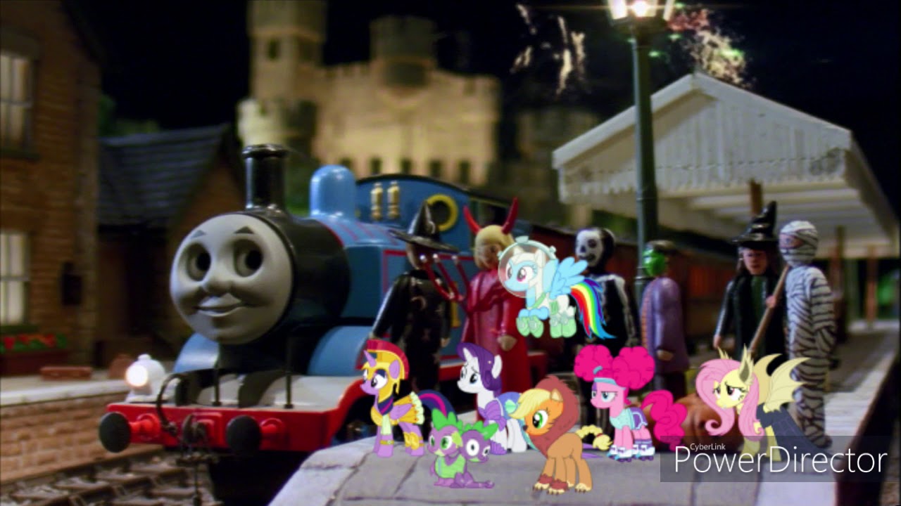 The Mane Six and Spike celebrating Nightmare Night with Thomas The Tank ...