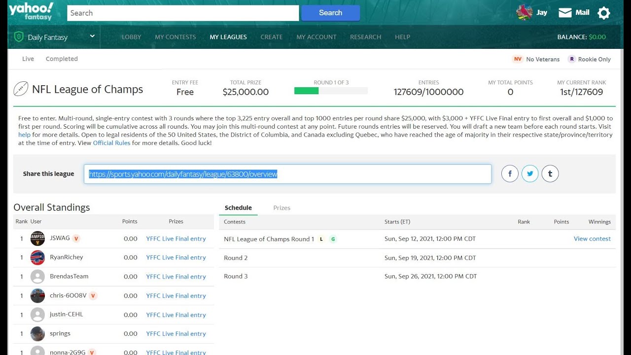 2021 Yahoo NFL League of Champs Fantasy Football Tournament | Win ...