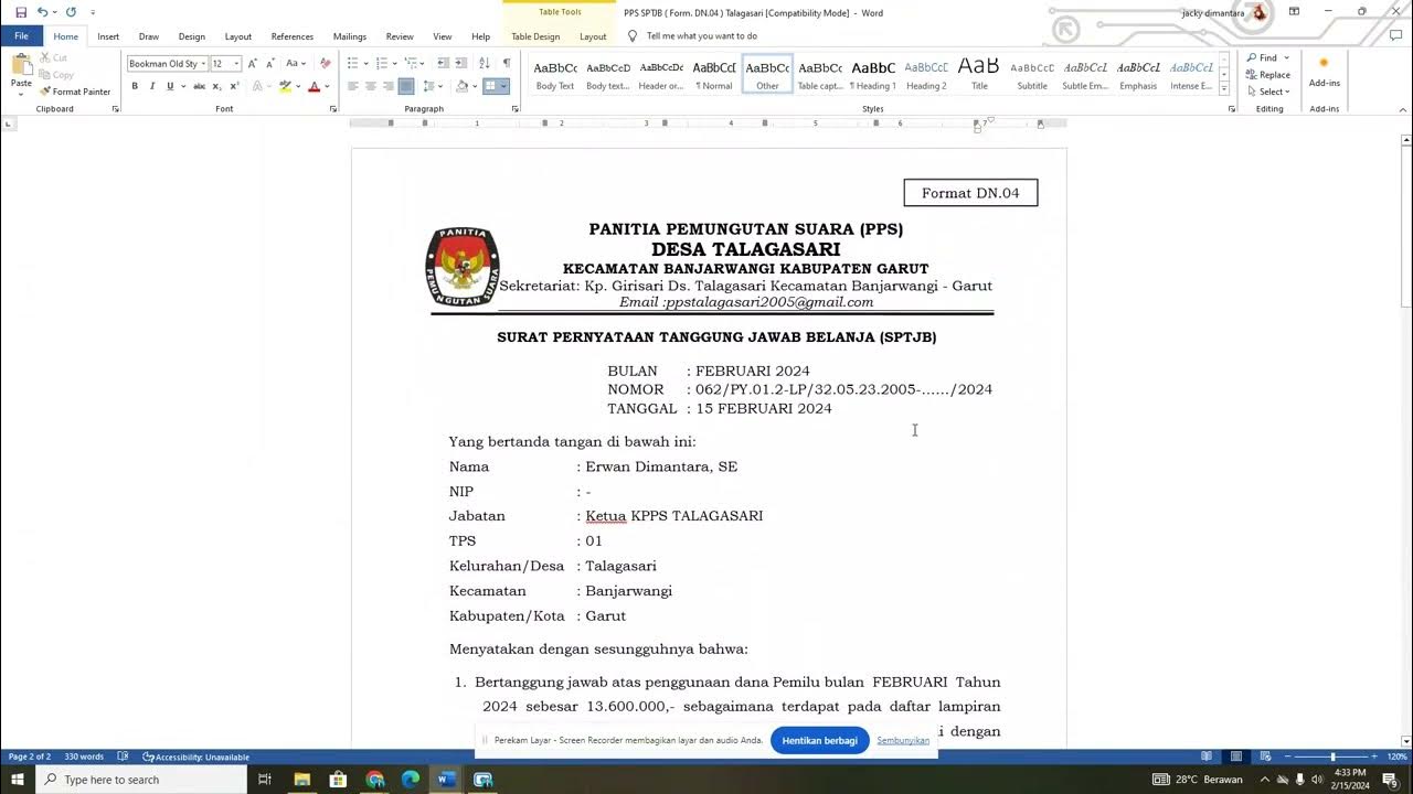Mengisi Format DN.04 Pembuatan SPTJB | SPJ KPPS Pemilu 2024 - YouTube