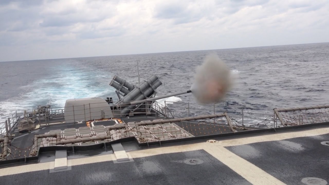 5 inch / 54 caliber Mark 45 Gun fire US Navy Missile Cruiser - YouTube
