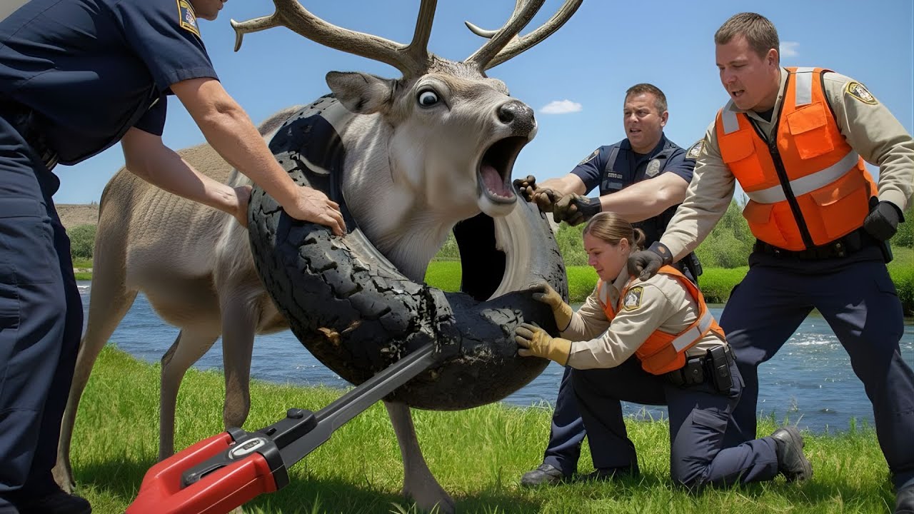 Heroic Rescue Team Saves Reindeer Trapped by Giant Rubber Tire Around ...