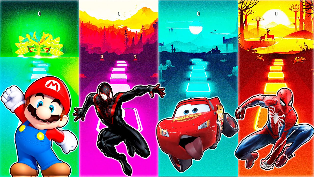 Mario VS Spider Man VS Males Morales VS Cars Team! Tiles Hop - YouTube